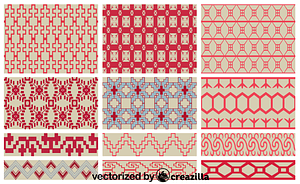 Bands and corners of pattern primarily in red double running stitch ...