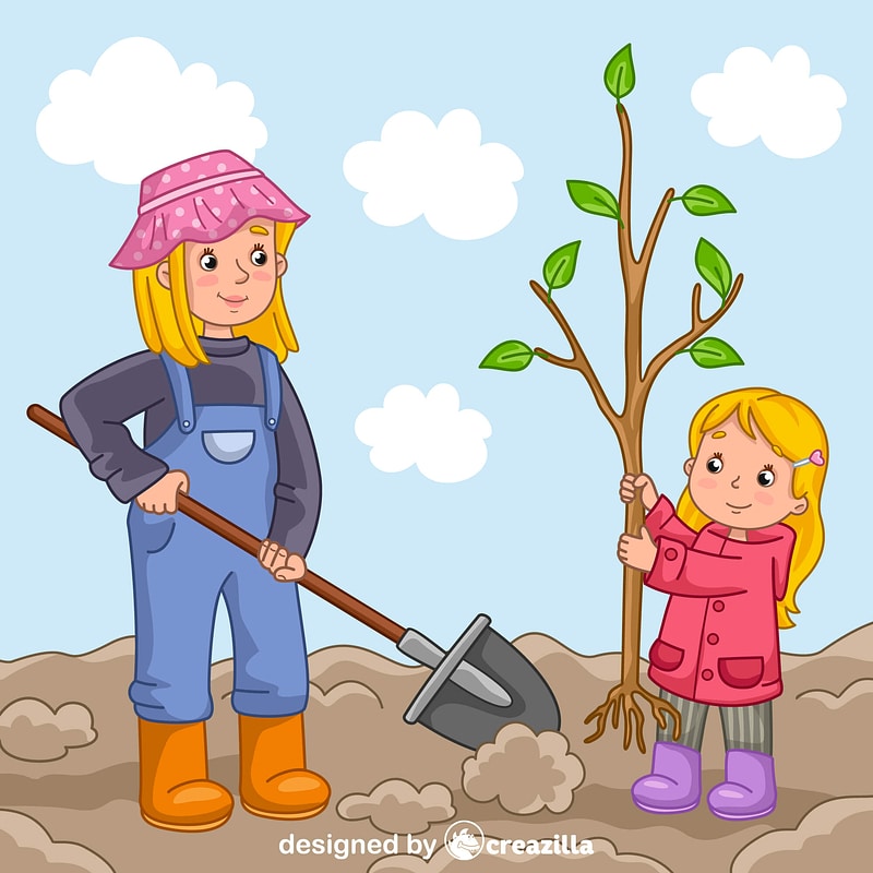 Mom and daughter planting a tree vector. Free download. | Creazilla